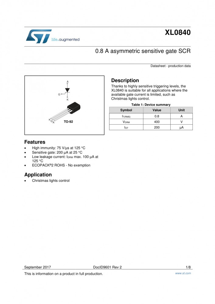 XL0840 datasheet page 1