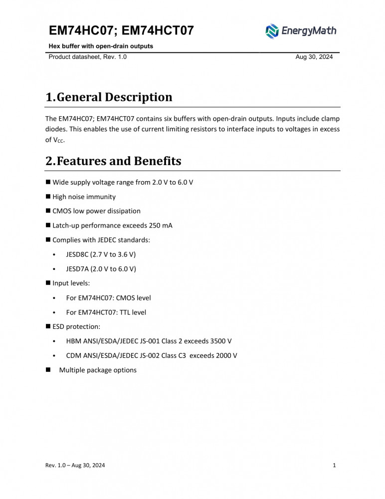 EM74HCT07D datasheet page 1