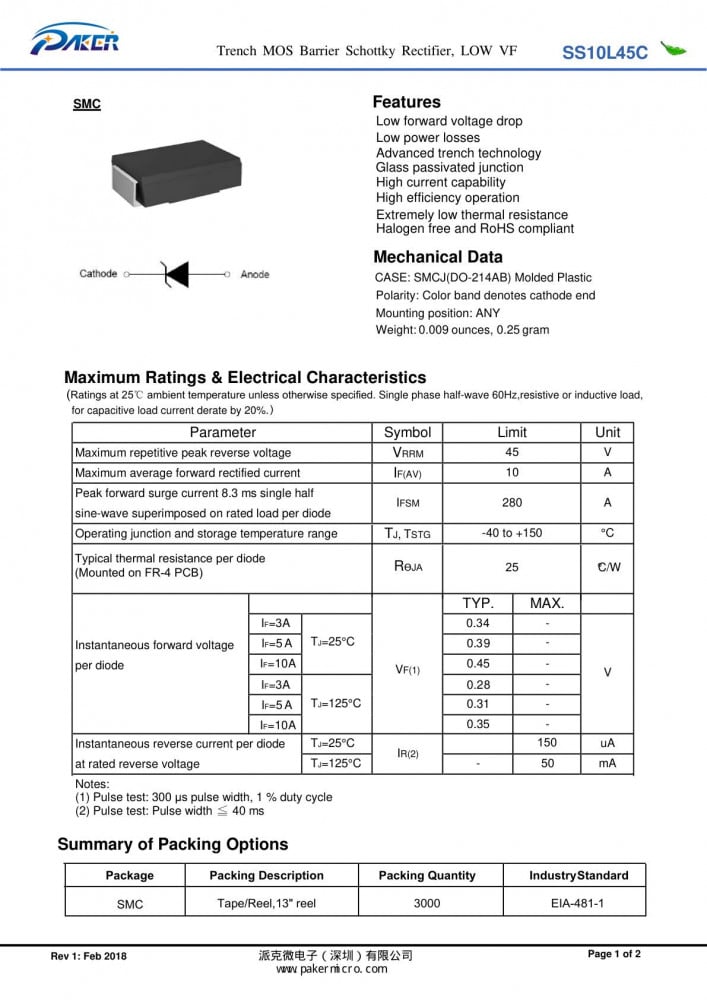 SS10L45C technical datasheet page 1