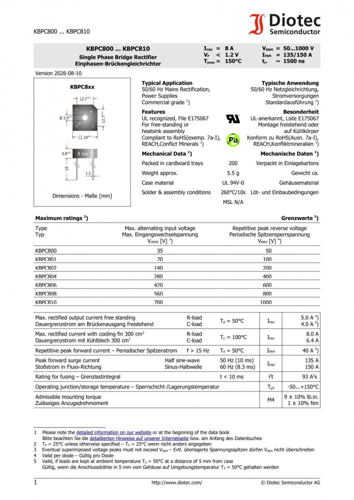 KBPC802 datasheet page image 1