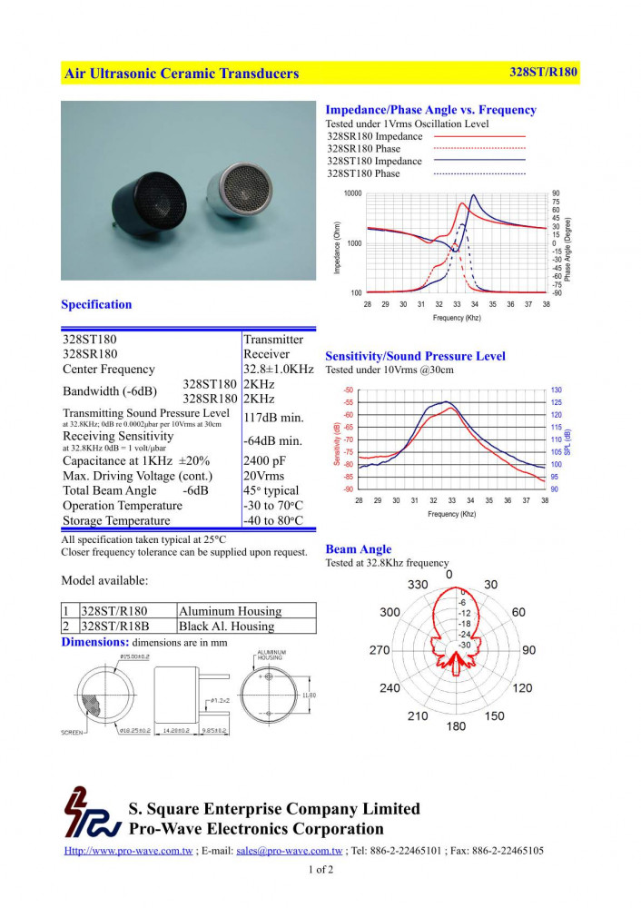 328ST/R180 ultrasonic transducer datasheet page 1