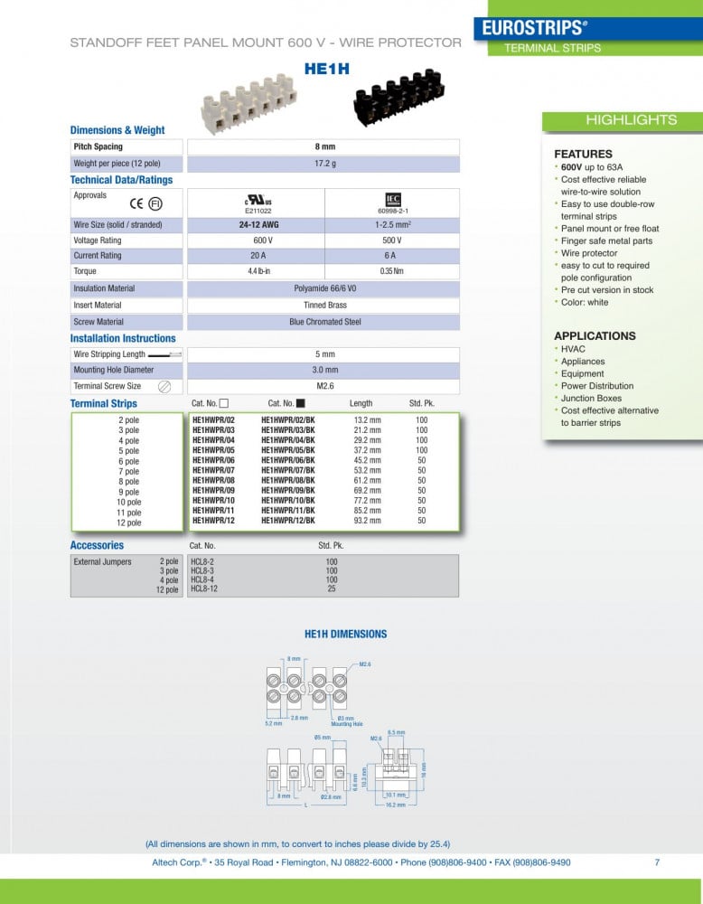 Altech HE terminal strip technical page 1