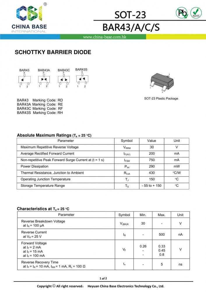 CBI BAR43S datasheet page 1