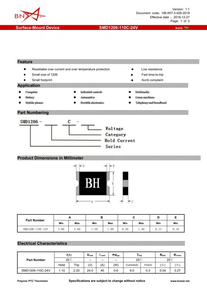 BNstar SMD1206-110C-24V datasheet page 1