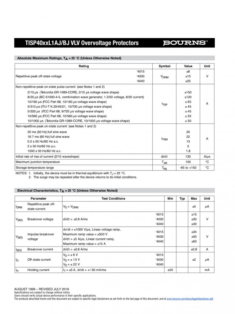 TISP4040L1BJR-S datasheet page 2