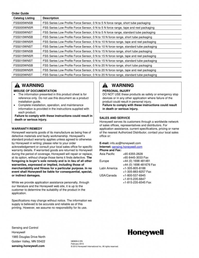 Honeywell FSS Series datasheet page 4