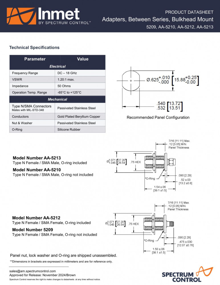 AA-5210 connector technical drawing and recommended panel configuration