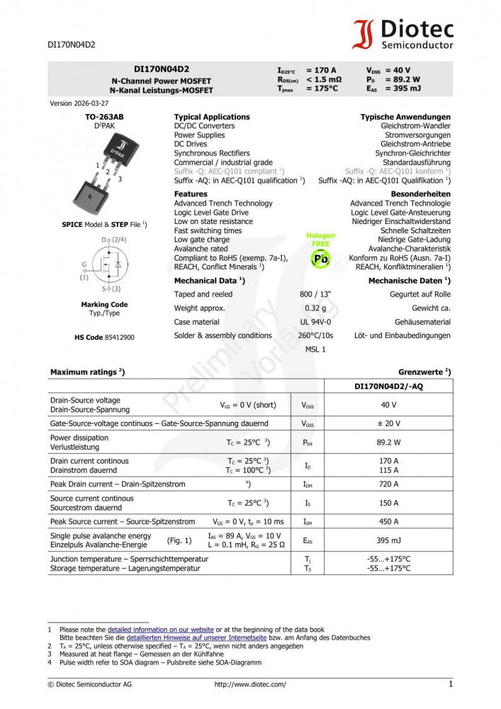 DIOTEC DI170N04D2 datasheet page 1