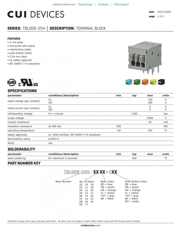 CUI TBL009-254 terminal block documentation page 1
