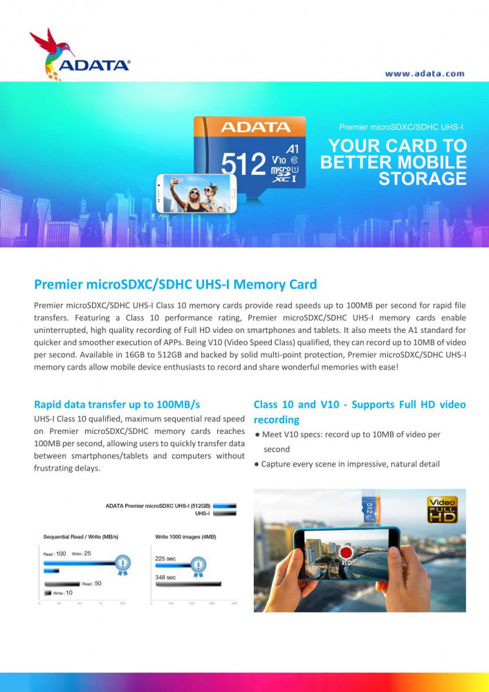ADATA Premier microSDXC/SDHC UHS-I product document, page 1