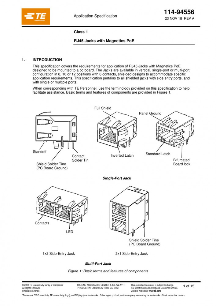 TE Connectivity RJ45 magnetics PoE specification page 1
