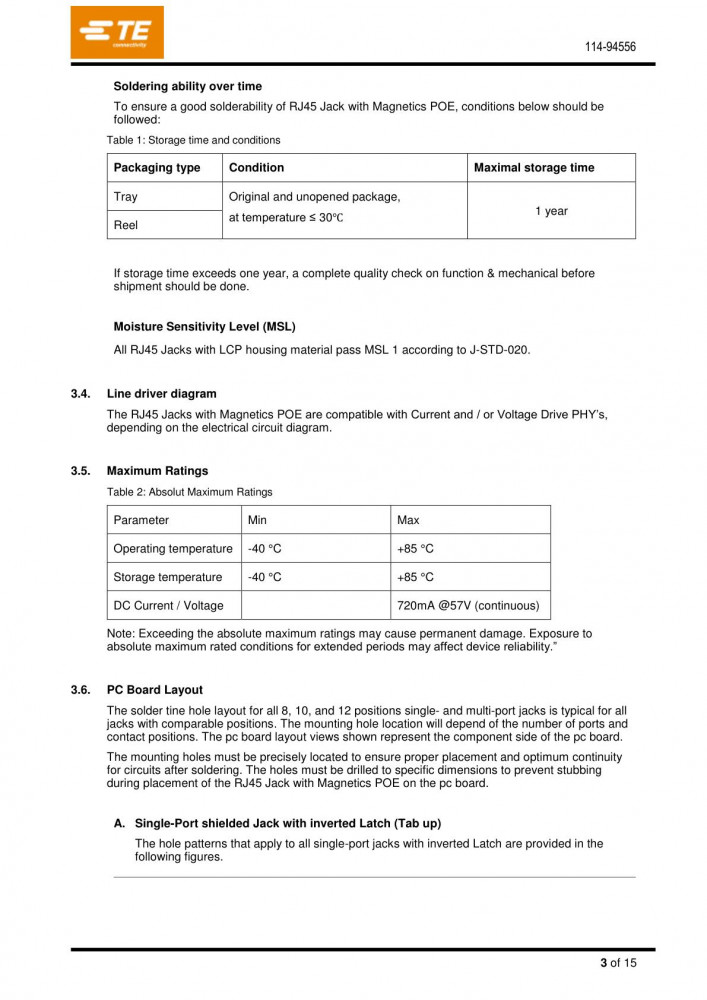 TE Connectivity RJ45 magnetics PoE specification page 3