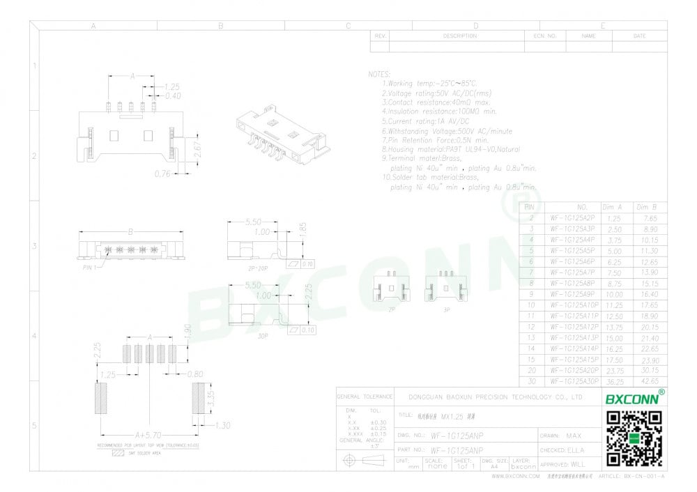 BXCONN WF-1G125A5P technical drawing page 1