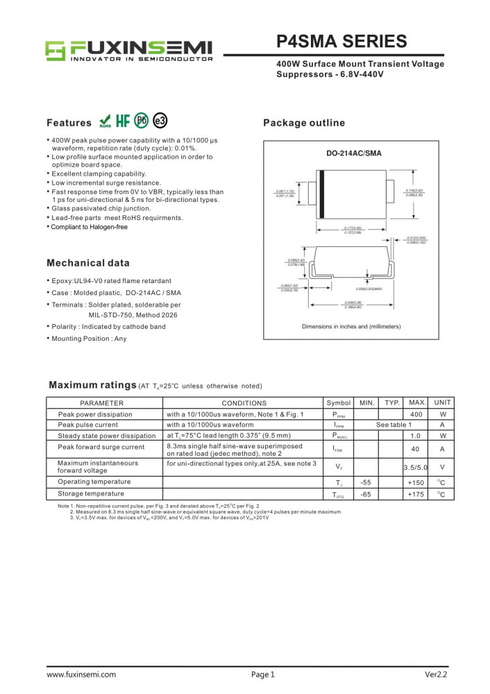 P4SMA6.8CA datasheet page 1