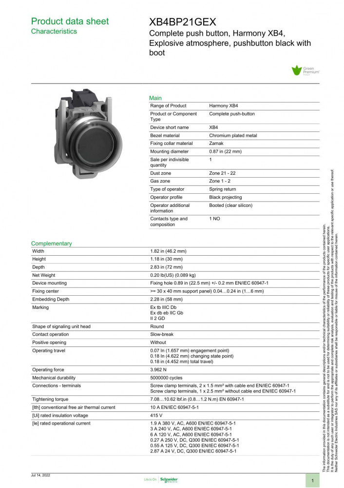 XB4BP21GEX technical document page 1