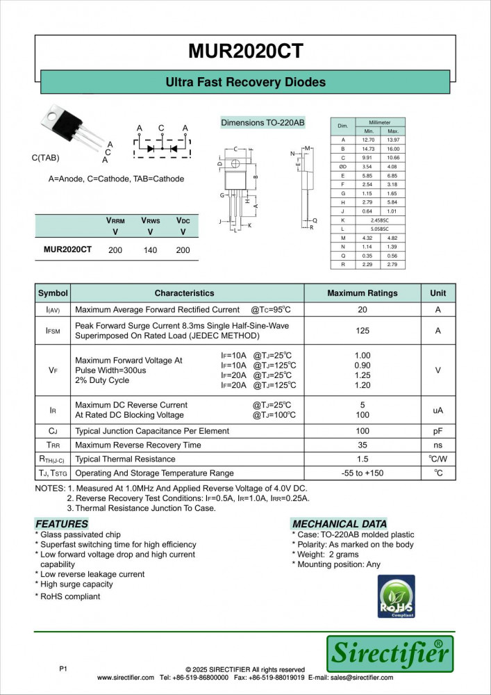MUR2020CT datasheet page 1