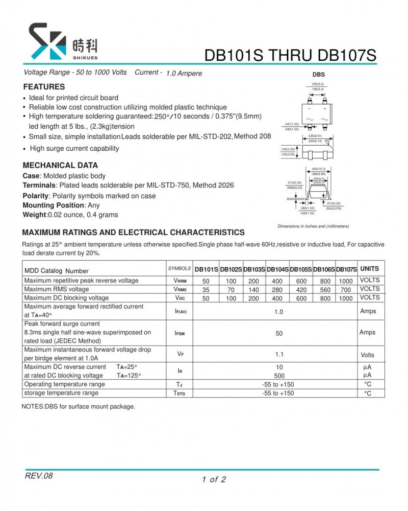 DB107S datasheet page 1