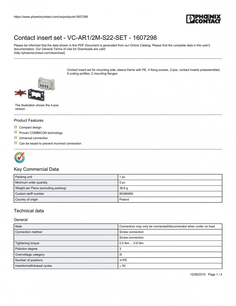 Phoenix Contact 1607298 product document page 1