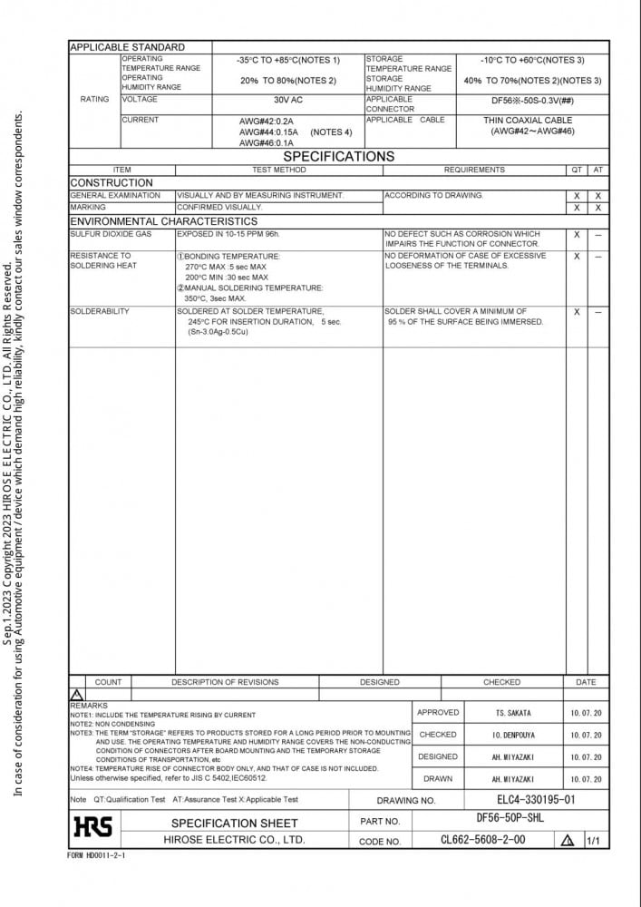HRS DF56-50P-SHL specification sheet