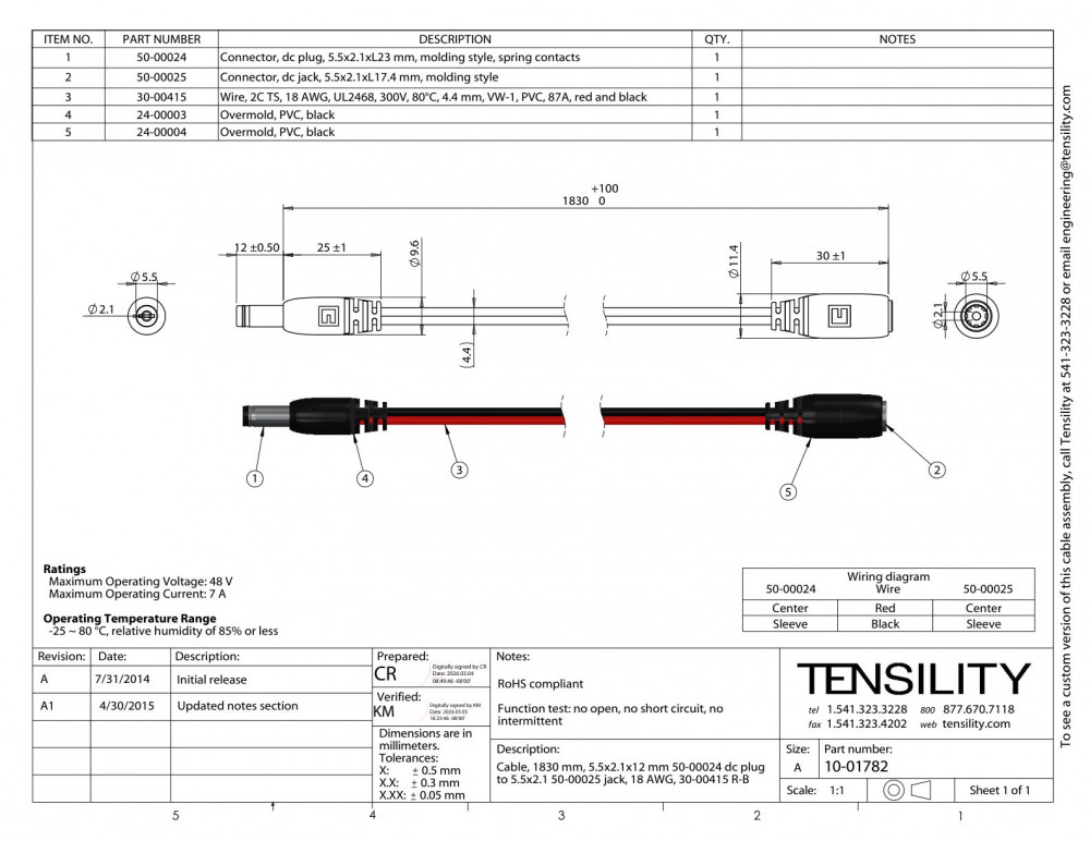 Tensility International 10-01782 product drawing and wiring information
