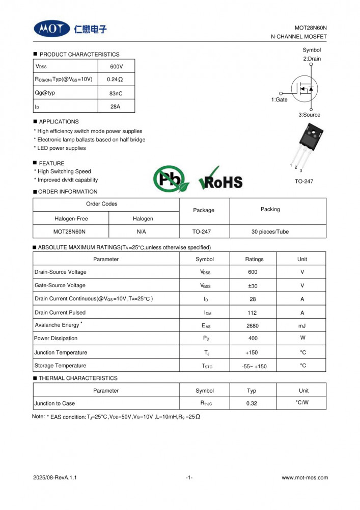 MOT28N60N datasheet page 1