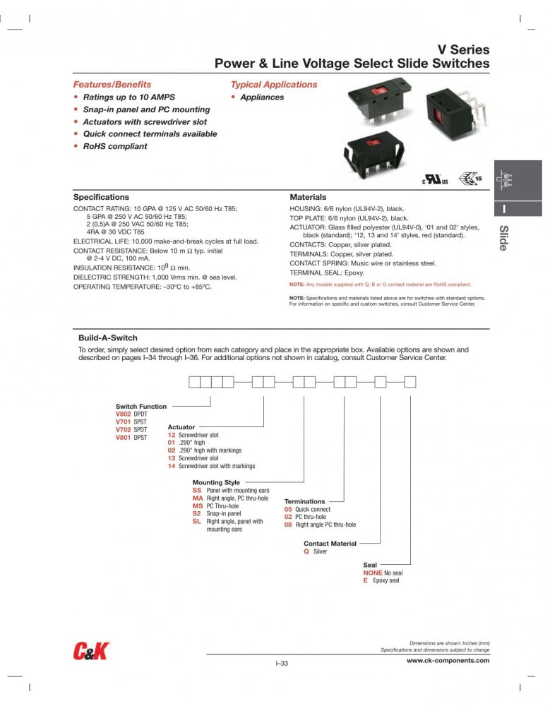C&K V Series datasheet page 1