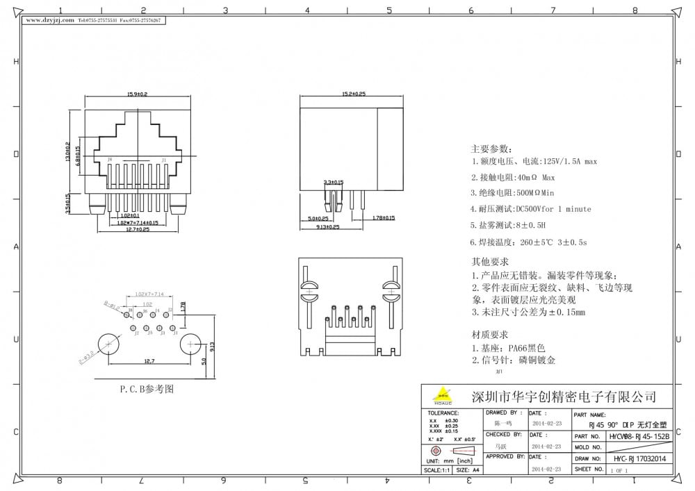 HOAUC HYCW98-RJ45-152B technical drawing page