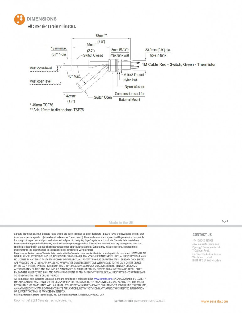 Sensata TSF70 series product documentation page 3