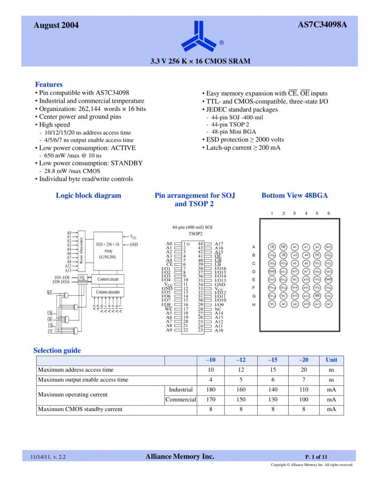 AS7C34098A datasheet page 1