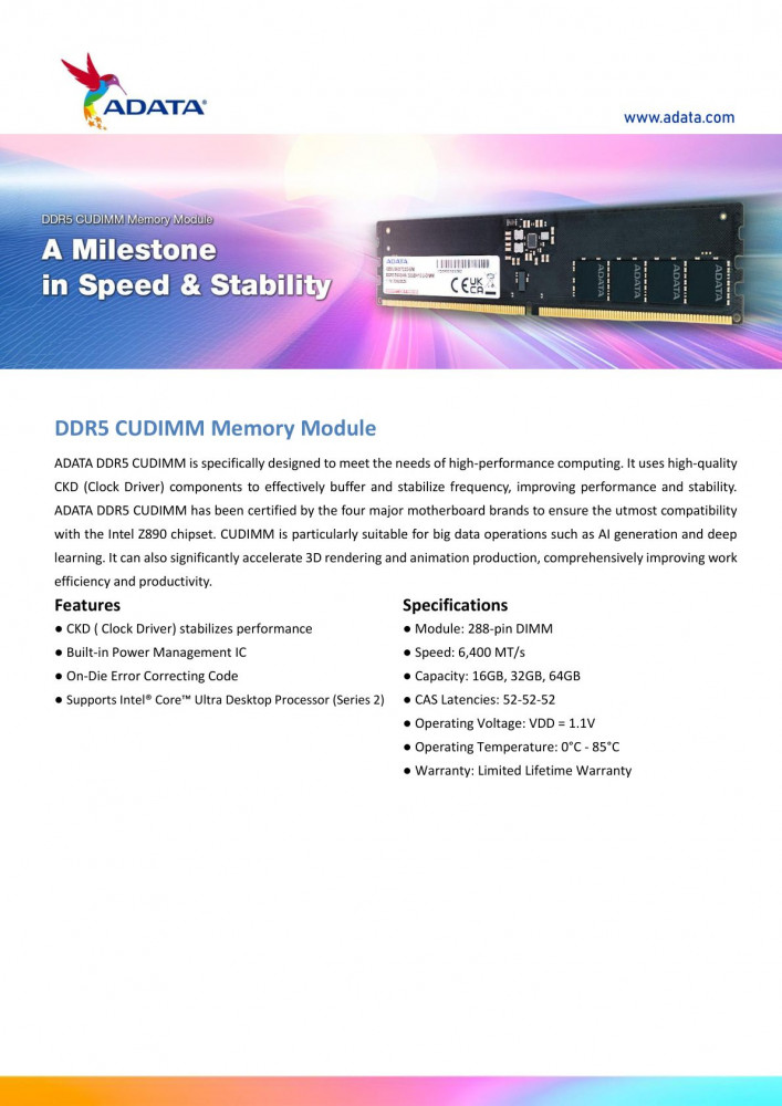 ADATA DDR5 CUDIMM product document, page 1