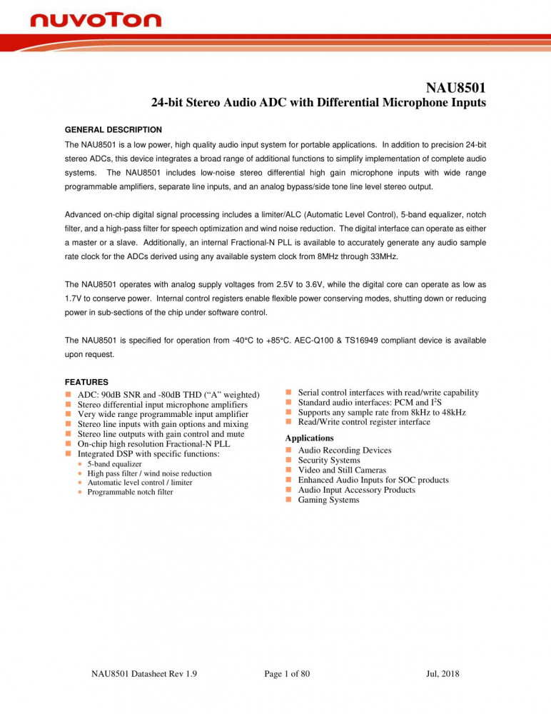 NAU8501 datasheet page 1