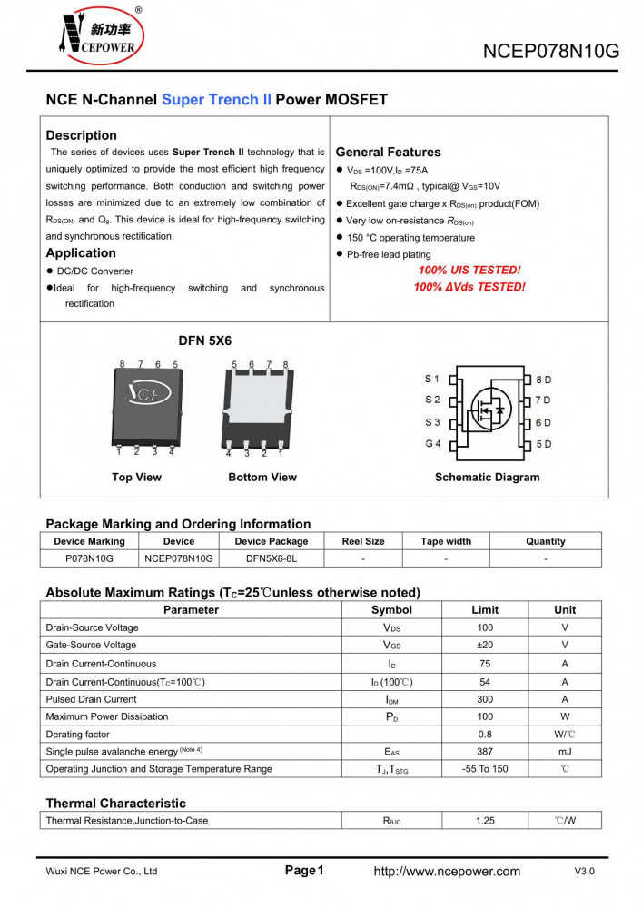 NCEP078N10G datasheet page 1