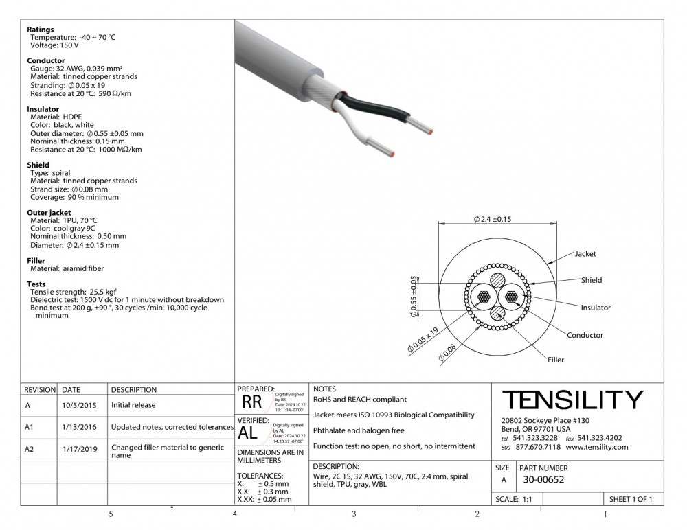 Tensility International drawing for cable part 30-00652