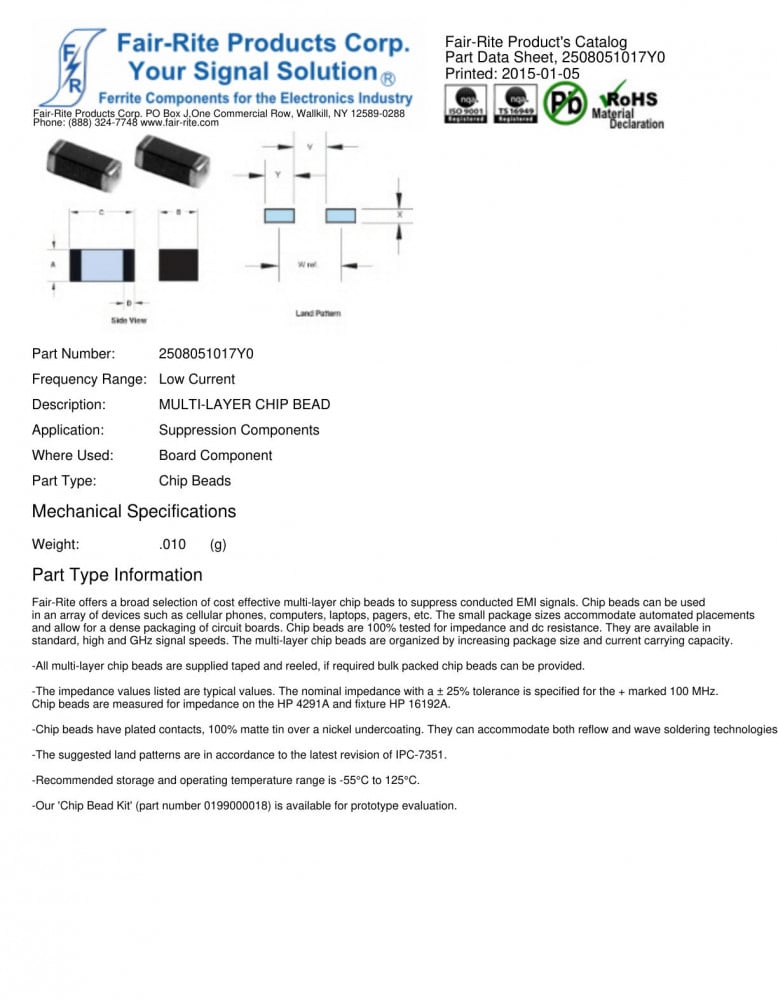 Fair-Rite chip bead documentation page 1