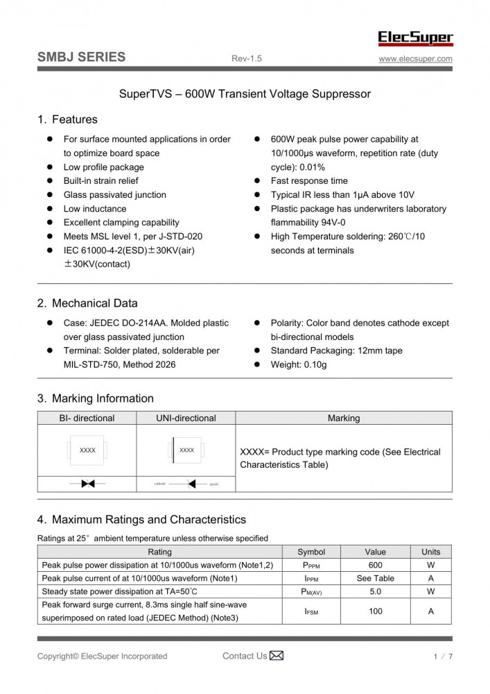 ElecSuper SMBJ36A datasheet page 1