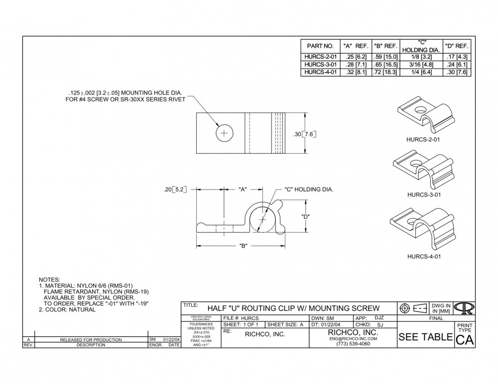 HURCS routing clip engineering drawing