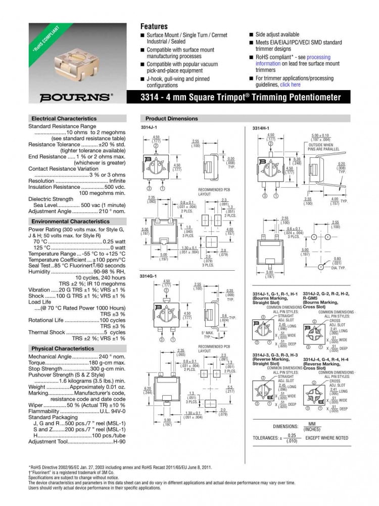 BOURNS 3314 datasheet page 1