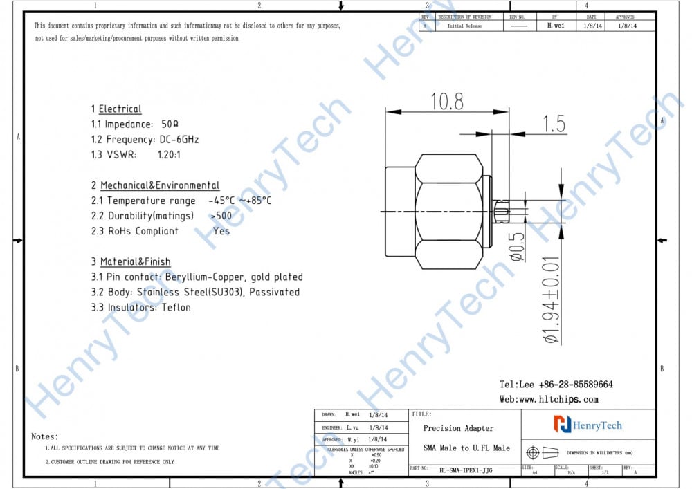 HenryTech HL-SMA/IPEX1-JJG technical document page