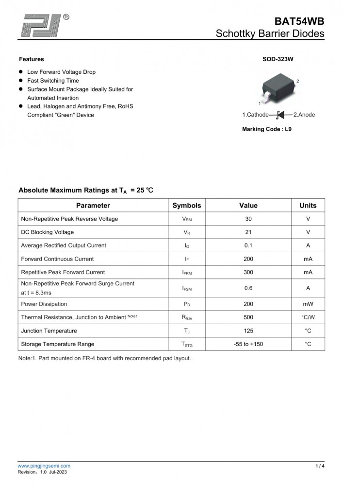 BAT54WB datasheet preview, page 1