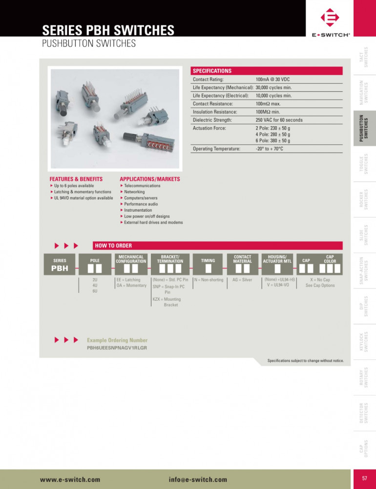 PBH series pushbutton switch technical document, page 1