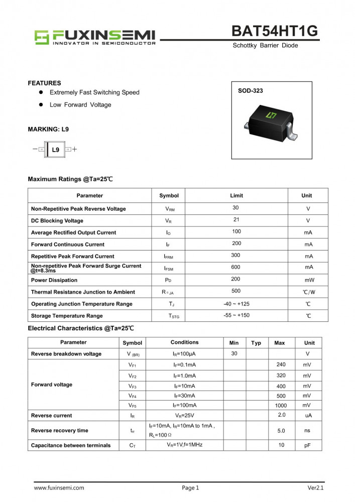BAT54HT1G datasheet page 1