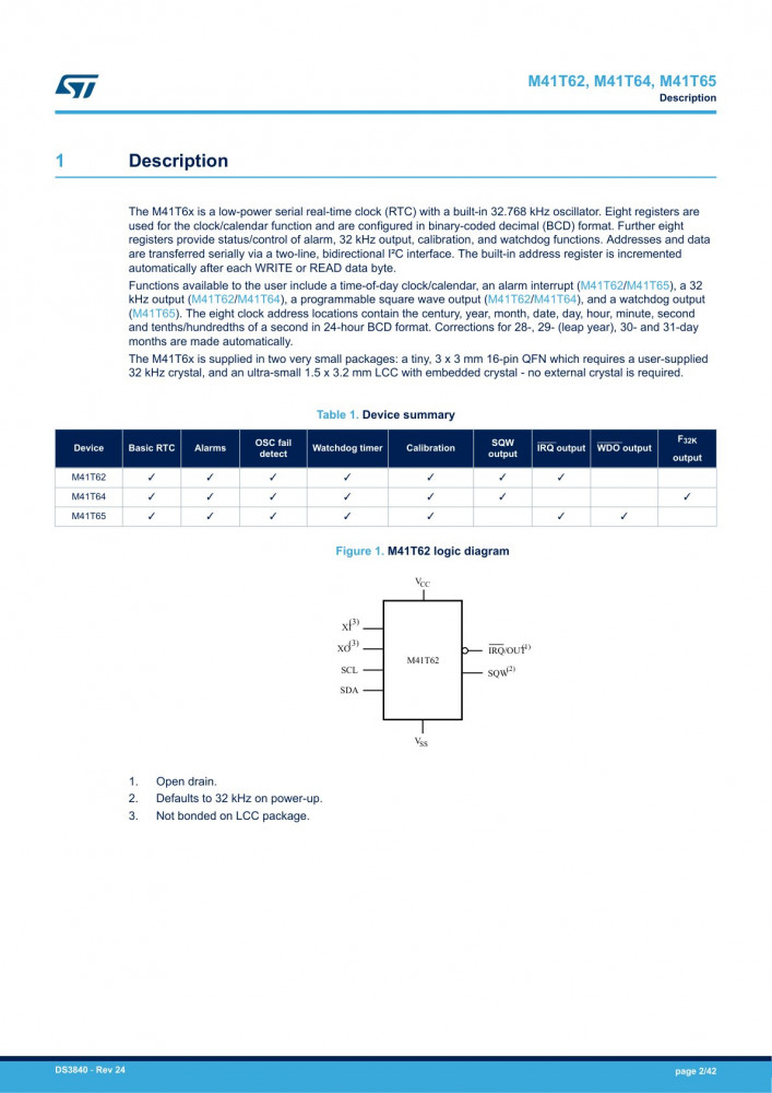 M41T62LC6F datasheet page 2