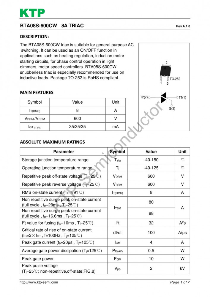 BTA08S-600CW datasheet page 1