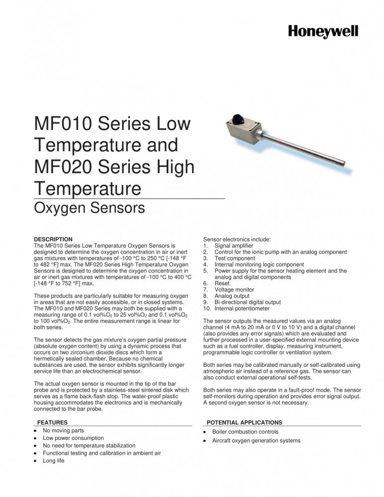 Honeywell MF010 and MF020 oxygen sensor documentation page 1