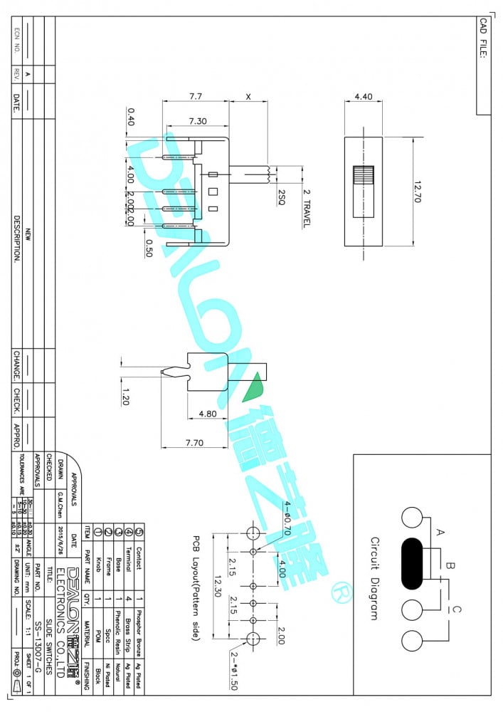 DEALON slide switch drawing for SS-13D07-G family