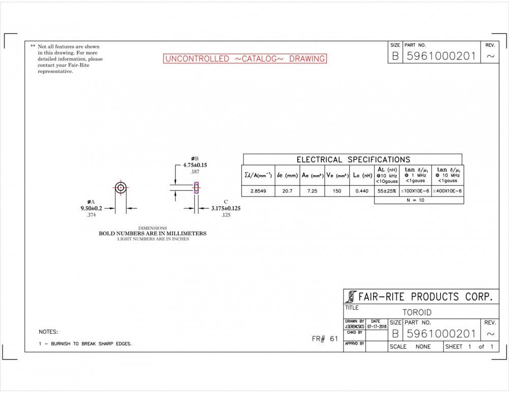 Fair-Rite 5961000201 technical document preview