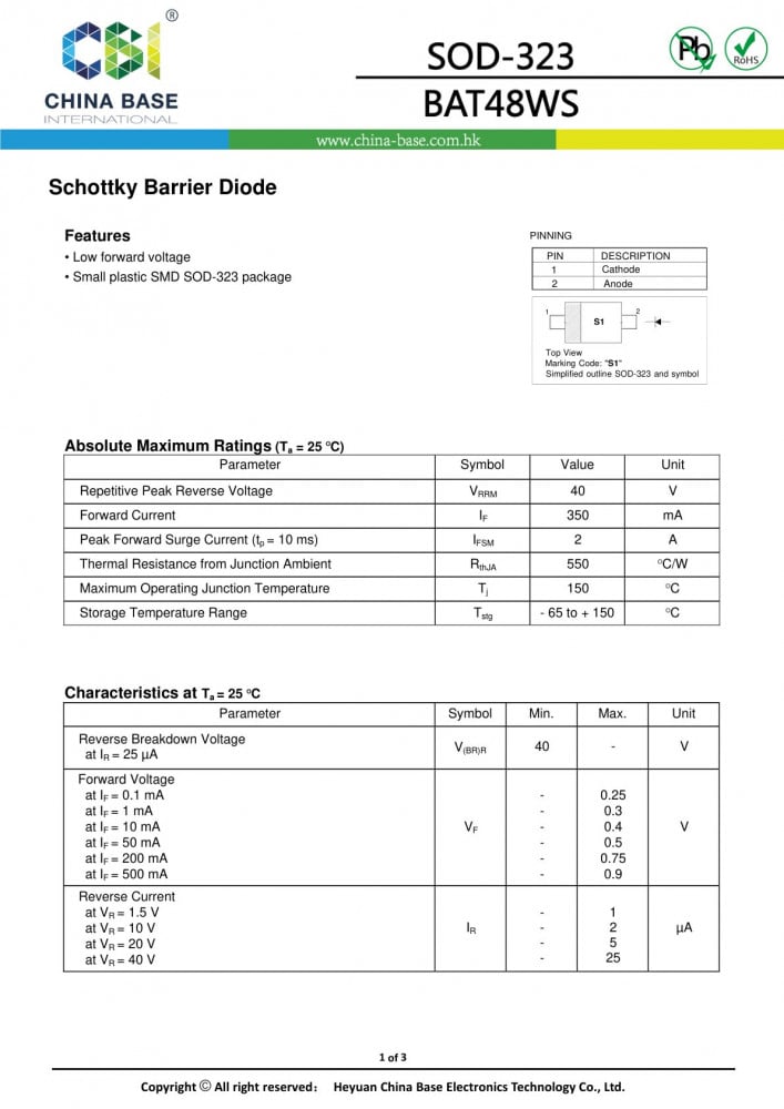BAT48WS technical document page 1