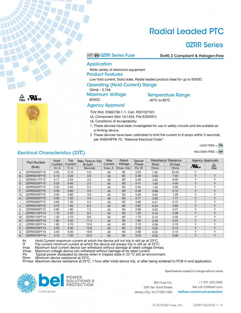 Bel Fuse OZRR series datasheet page 1