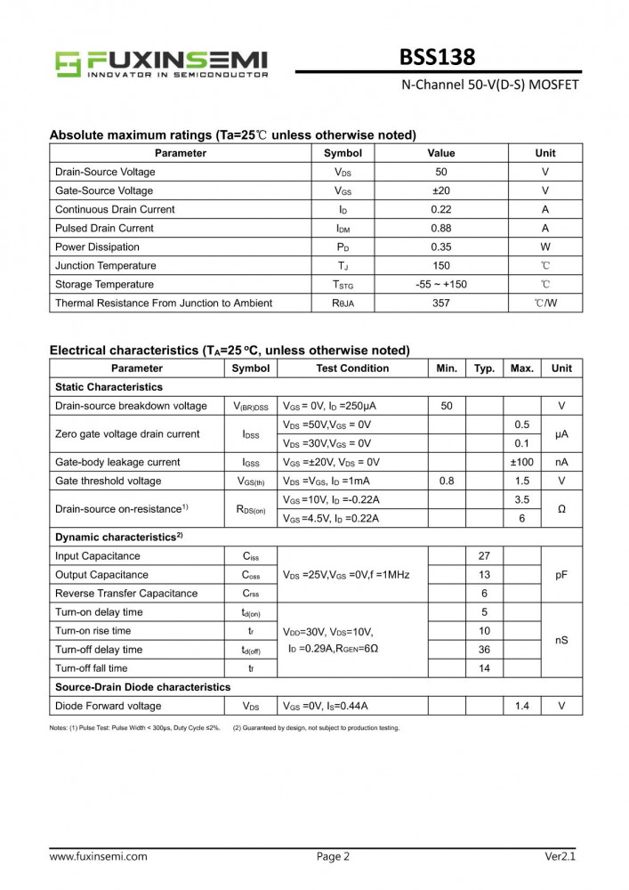 FUXINSEMI BSS138 datasheet page 2