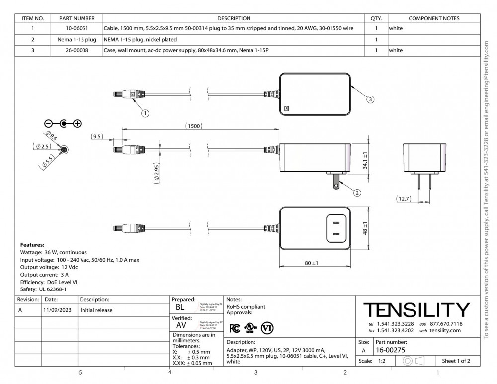 Tensility International 16-00275 product specification, page 1
